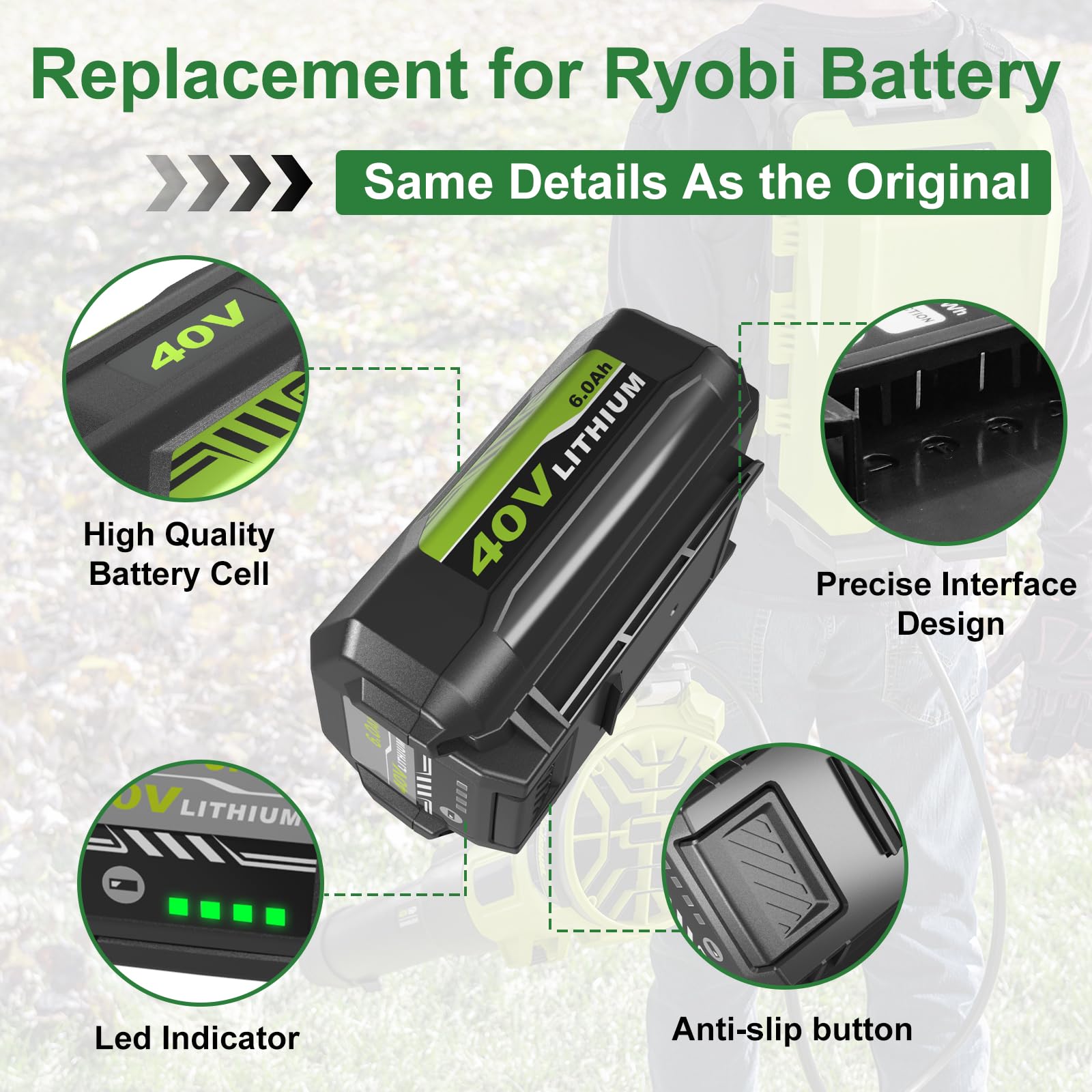2 Pack 6.0Ah 40 Volt Replacement for Ryobi 40V Battery and Charger Kit Compatible with Ryobi 40 Volt Battery Lithium OP4040 OP40401 OP4026 OP40261 OP4050 OP40201 OP40601 (Green)