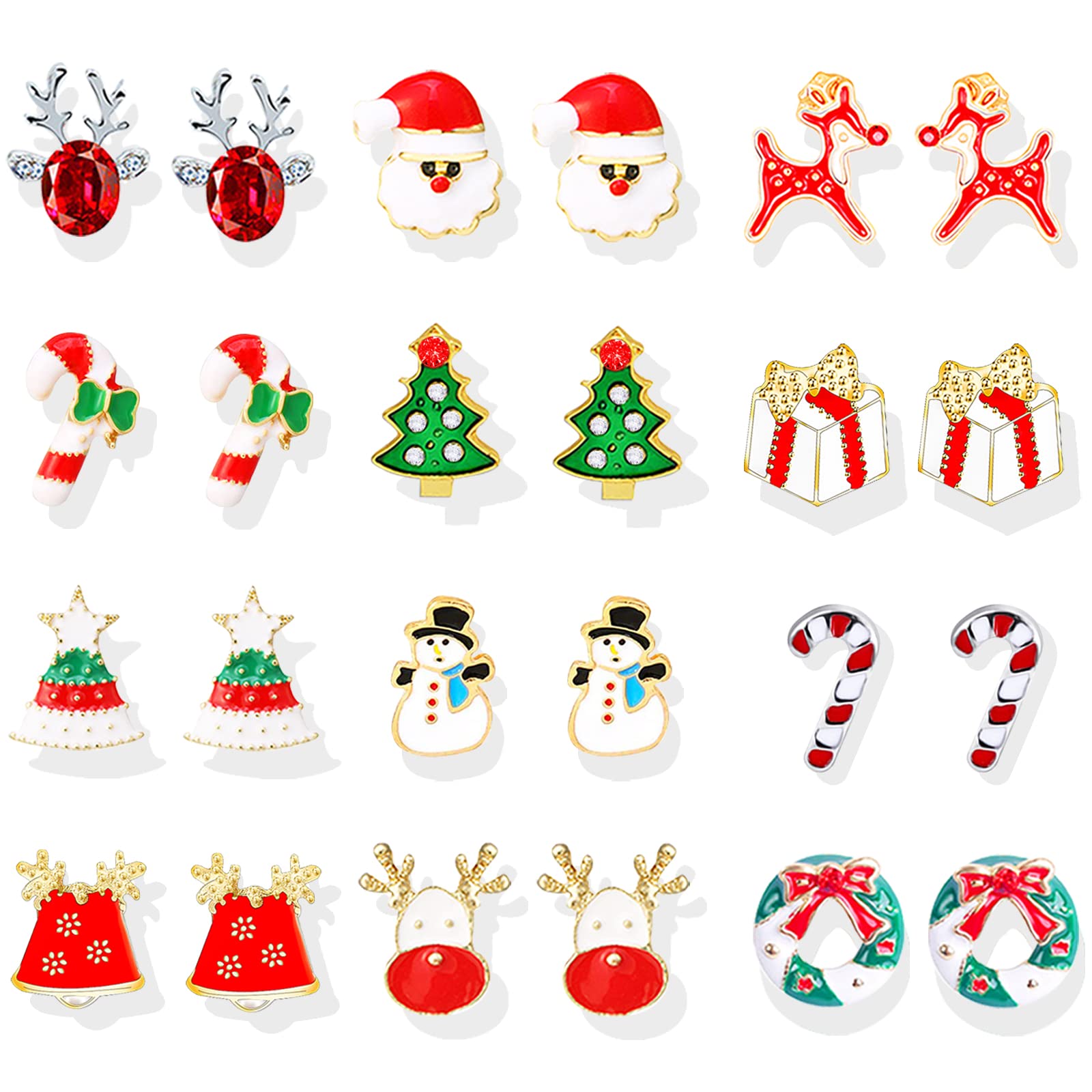 12Pairs Christmas Stud Earrings for Women Christmas Tree Snowflake Penguin Candy Cane Stud Earrings Holiday Earrings for Womens Christmas Gift