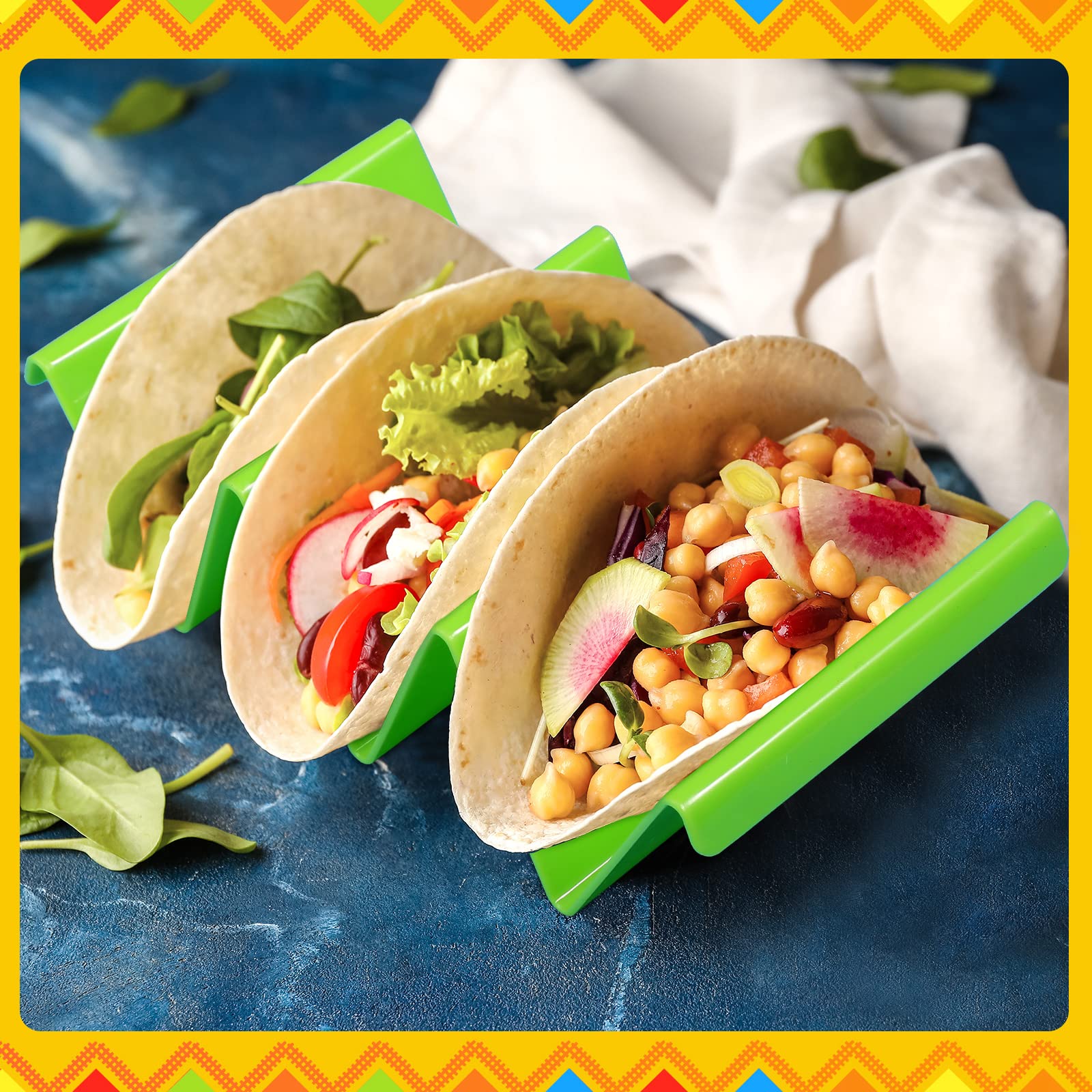 18 Pcs Taco Holders Stand Colorful Taco Trays Plates and Rack for Soft or Hard Taco Shells Pp Health Material Very Hard and Sturdy, Dishwasher & Microwave Safe