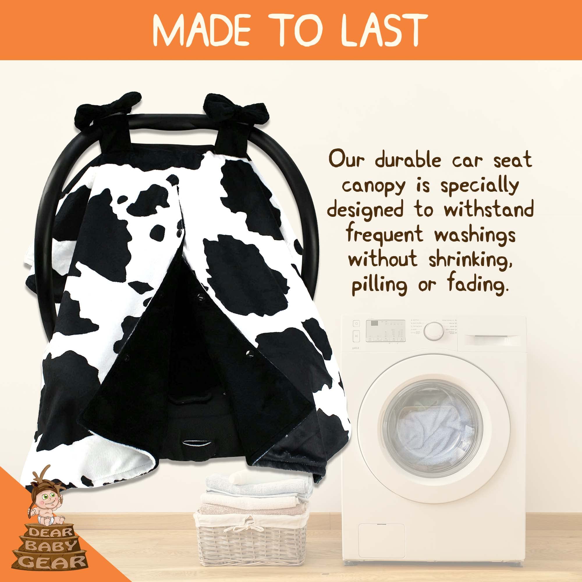 Dear Baby Gear Black and White Holstein Cow Baby Car Seat Canopy with Snap Button Opening and Puffy Bows— Layered Lightweight Cover Keeps Babies Cozy and Sheltered — 40 x 30 Inches