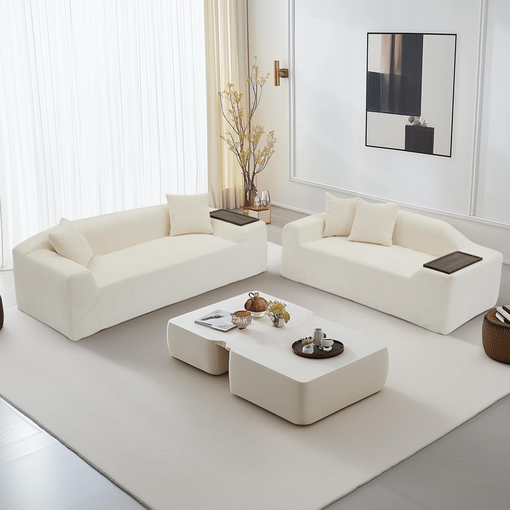 2 Piece Modern Sponge Floor 85" 3 Seater and 73" Loveseat Sofa Set, Upholstered Boucle Cloud Sofa Set with 2 MDF end Table for Living Room,No Assembly Hassles (Beige)