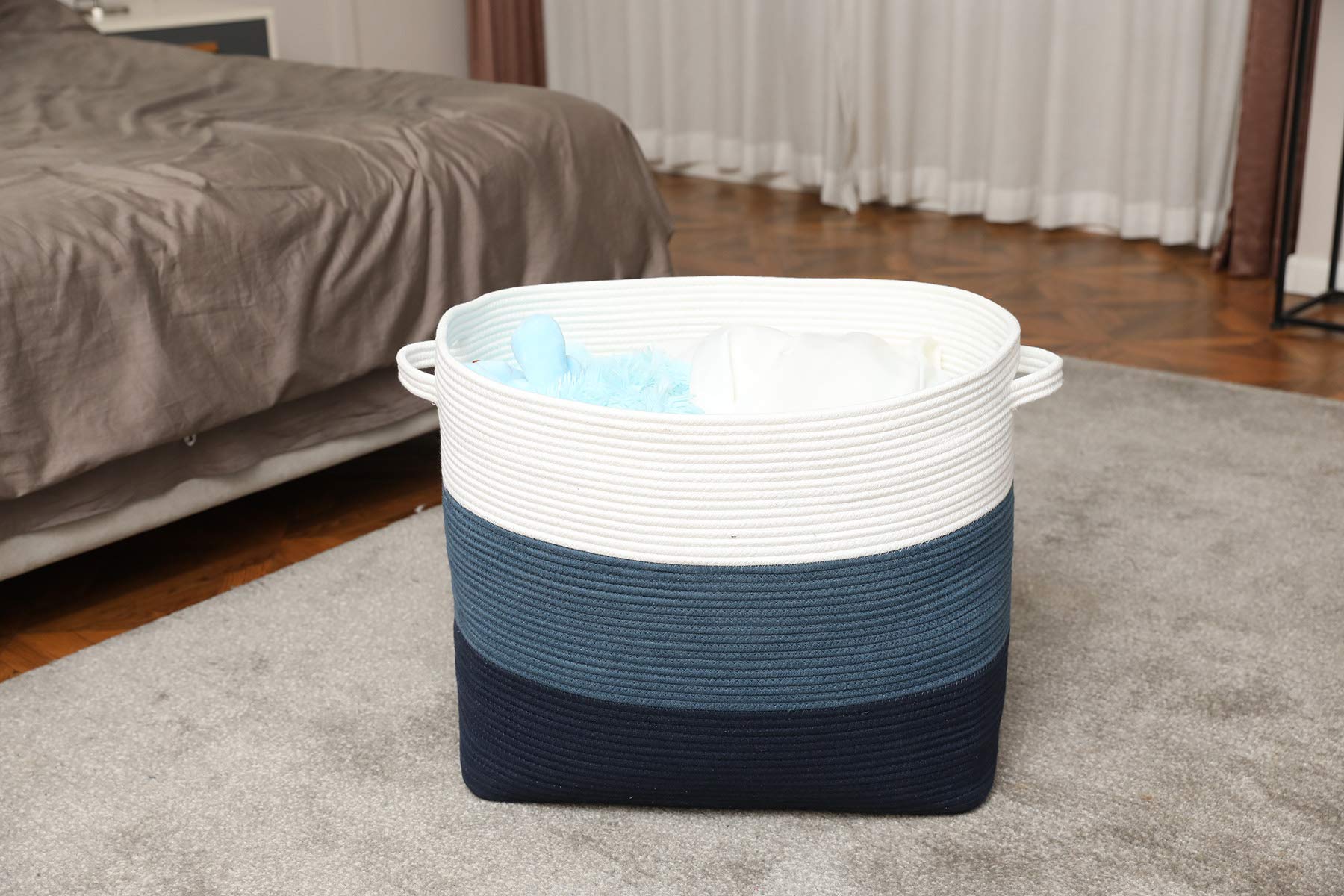 22"x14"x18" Mega Size Rectangular Extra Large Storage Basket, Rectangular Cotton Rope Storage Baskets, Woven Laundry Hamper, Cloth Storage Bin, for Clothes Blanket in Living Room, Dark Blue/Deep Blue