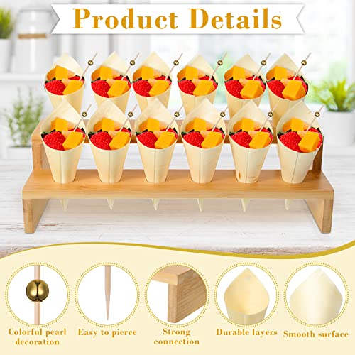 150 Disposable Wooden Cones with 2 Pack 12 Holes Ice Cream Cone Display Stand Charcuterie Cones Holder Stand 150 Fancy Toothpicks for Appetizers Wedding Decoration(Brown)