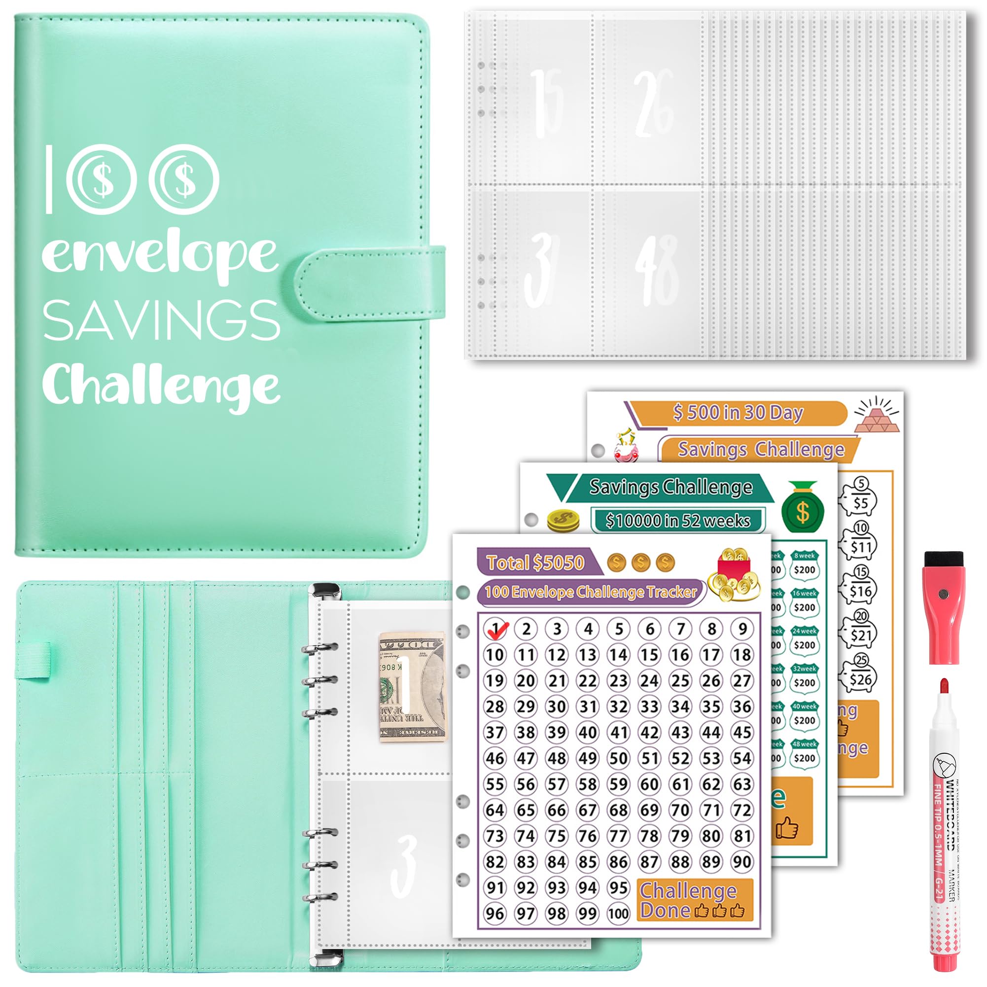 100 Envelopes Money Saving Budget Binder with Cash Envelopes, A5 Savings Challenges Book with Envelopes Erasable Tracker, Easy and Fun Way to Save $500 $5050 $10000 (Z)