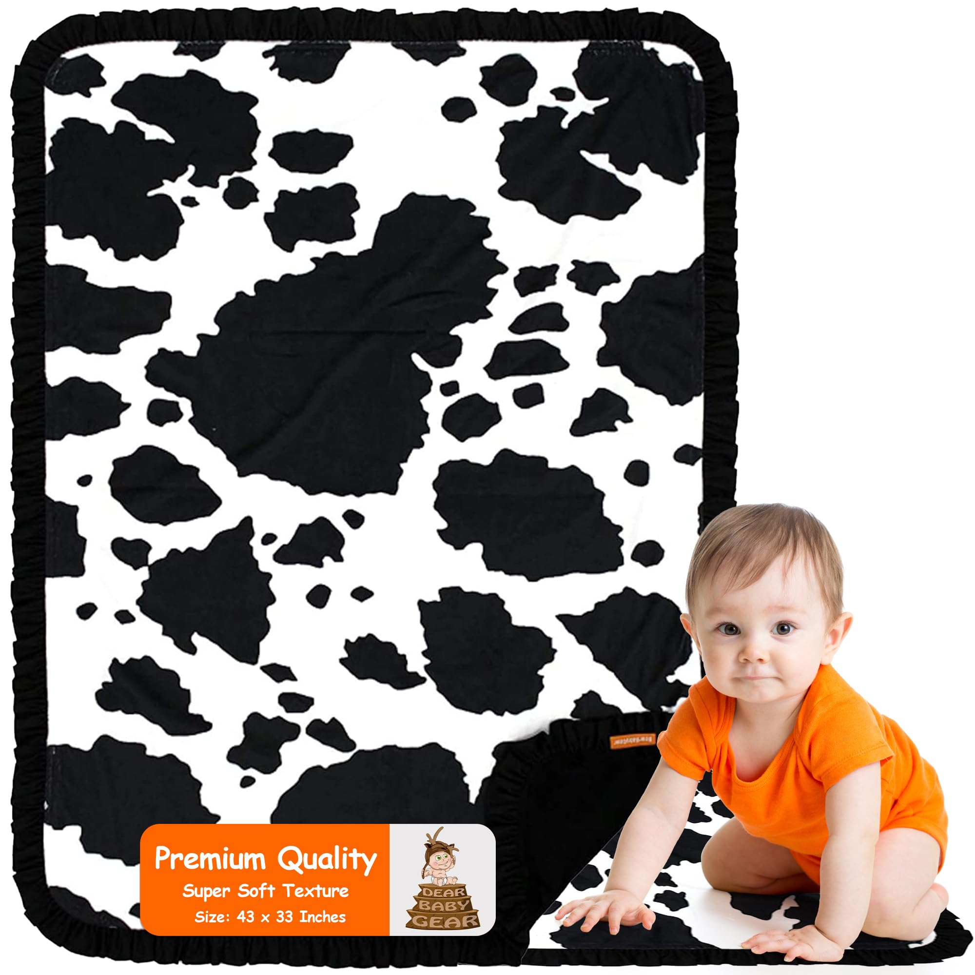 Dear Baby Gear Custom Print Baby Blanket - Double Layer Infant Blanket - Toddler Blankets - Great Size for a Crib, Stroller or Car Seat - Nursery Bedding - Holstein Cow, Black, Ruffles, 43" x 33"