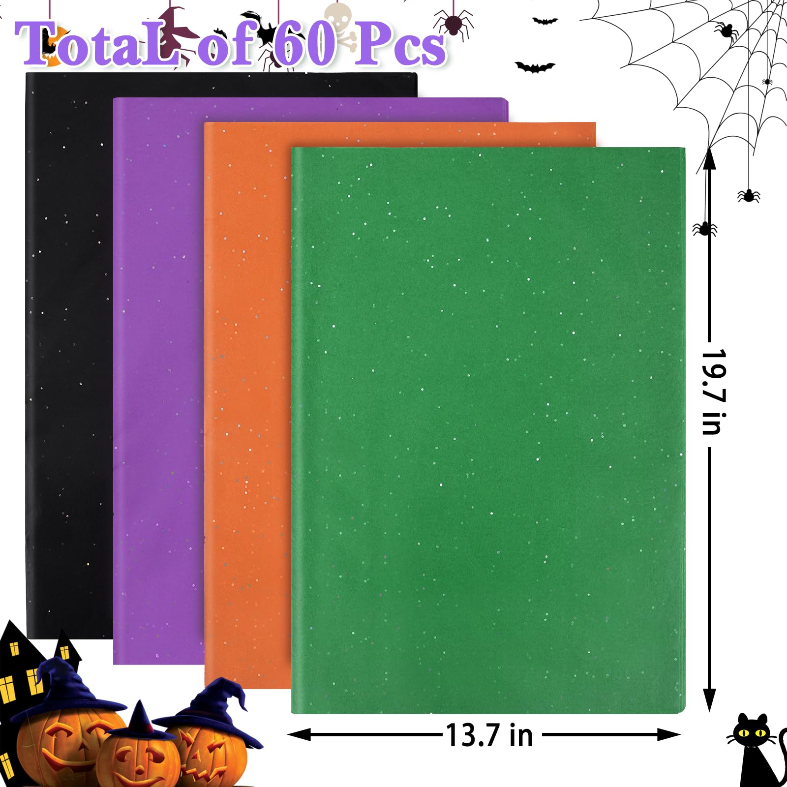 100 Sheets Halloween Sparkle Tissue Paper Bulk, Black Purple Orange Green Wrapping Paper with Glitter for Halloween DIY Crafts Halloween Party Decorations and Gift Wrapping, 14 x 20''