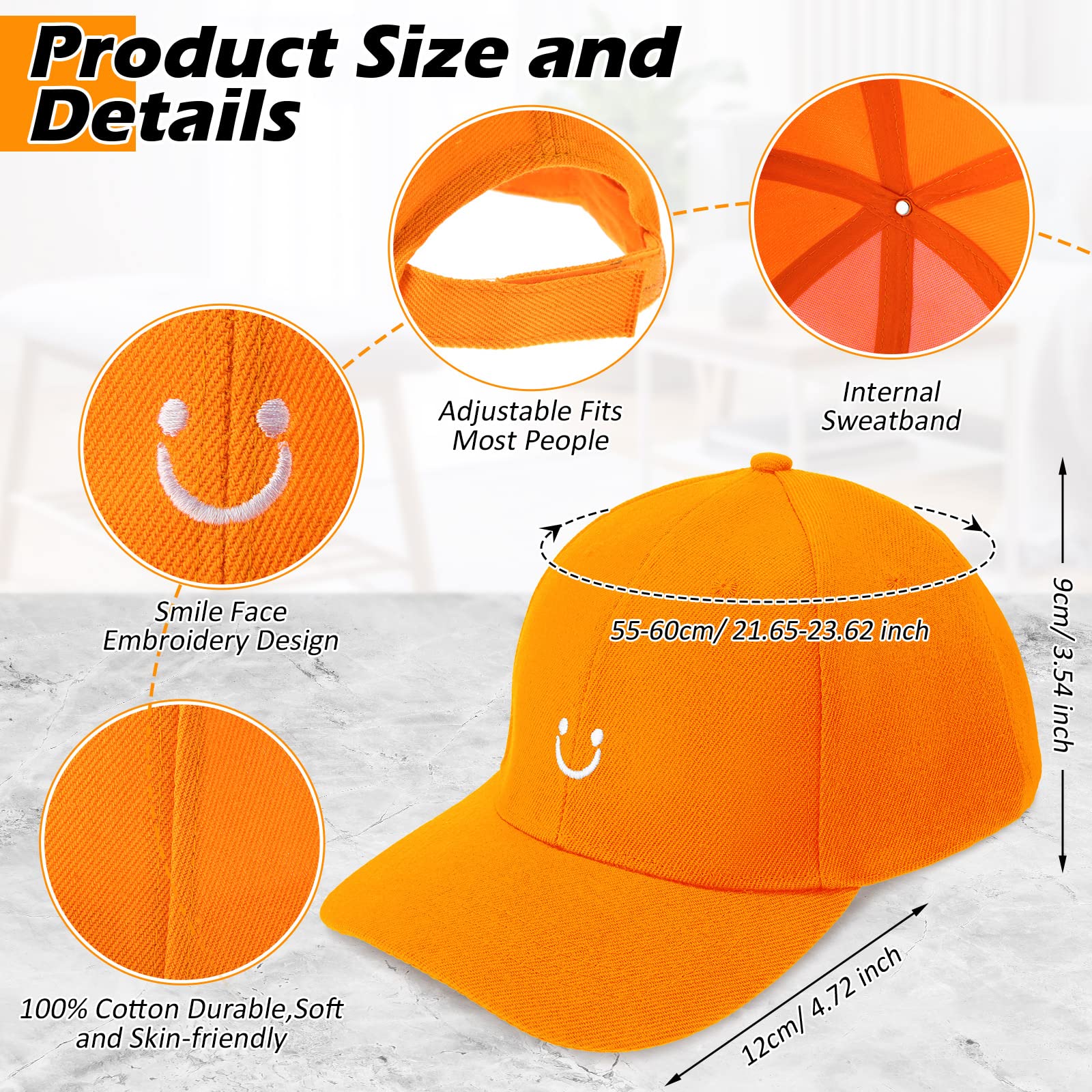 12 Pack Smile Face Baseball Cap Bulk Vintage Washed Distressed Baseball Cap Cotton Baseball Cap Adjustable Low Profile Hat for Women Men