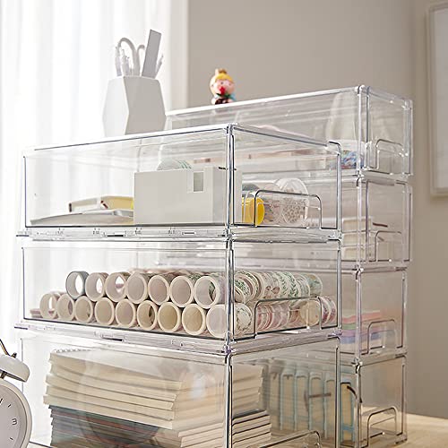 2 Pack Stackable Refrigerator Organizer Bins with Pull-out Drawer Clear Plastic Kitchen Storage Box for Fridge and Cabinets, 4.7" x 13.2" x 4.3"