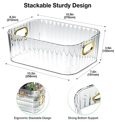3 Pack Plastic Stackable Clear Storage Bins,Storage Container Basket with Handle for Office,Clear Organizer Bins for Kitchen Cabinet,Refrigerator,Food Pantry,Countertops, Bedrooms, Bathrooms