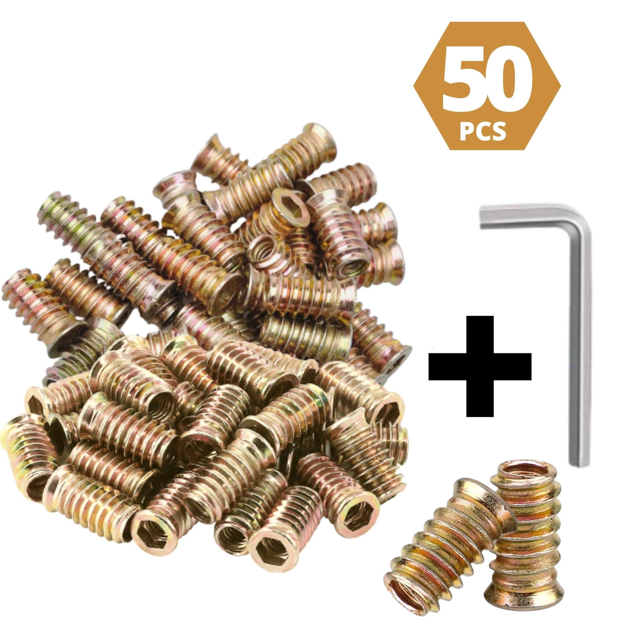50 Pieces Threaded Wood Inserts, 1/4"-20 x 15mm Furniture Screws in Nut Threaded Inserts with Hex Socket, Zinc Plated - for Wooden Furnitures, Products, and Model, One Allen Wrench Included