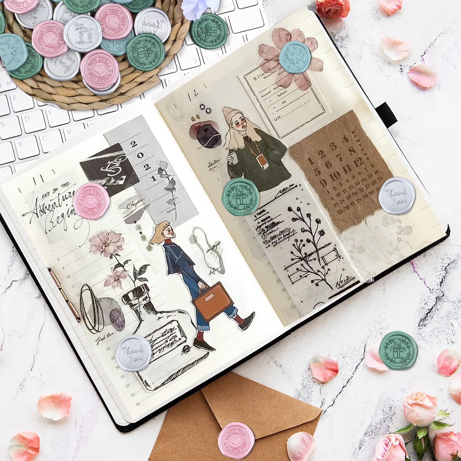 100 Pcs Adhesive Wax Seal Stickers in 4 Styles, Vickes Envelope Seal Stickers Wedding Stickers Self Adhesive Stickers for Christmas Halloween Birthday Brida