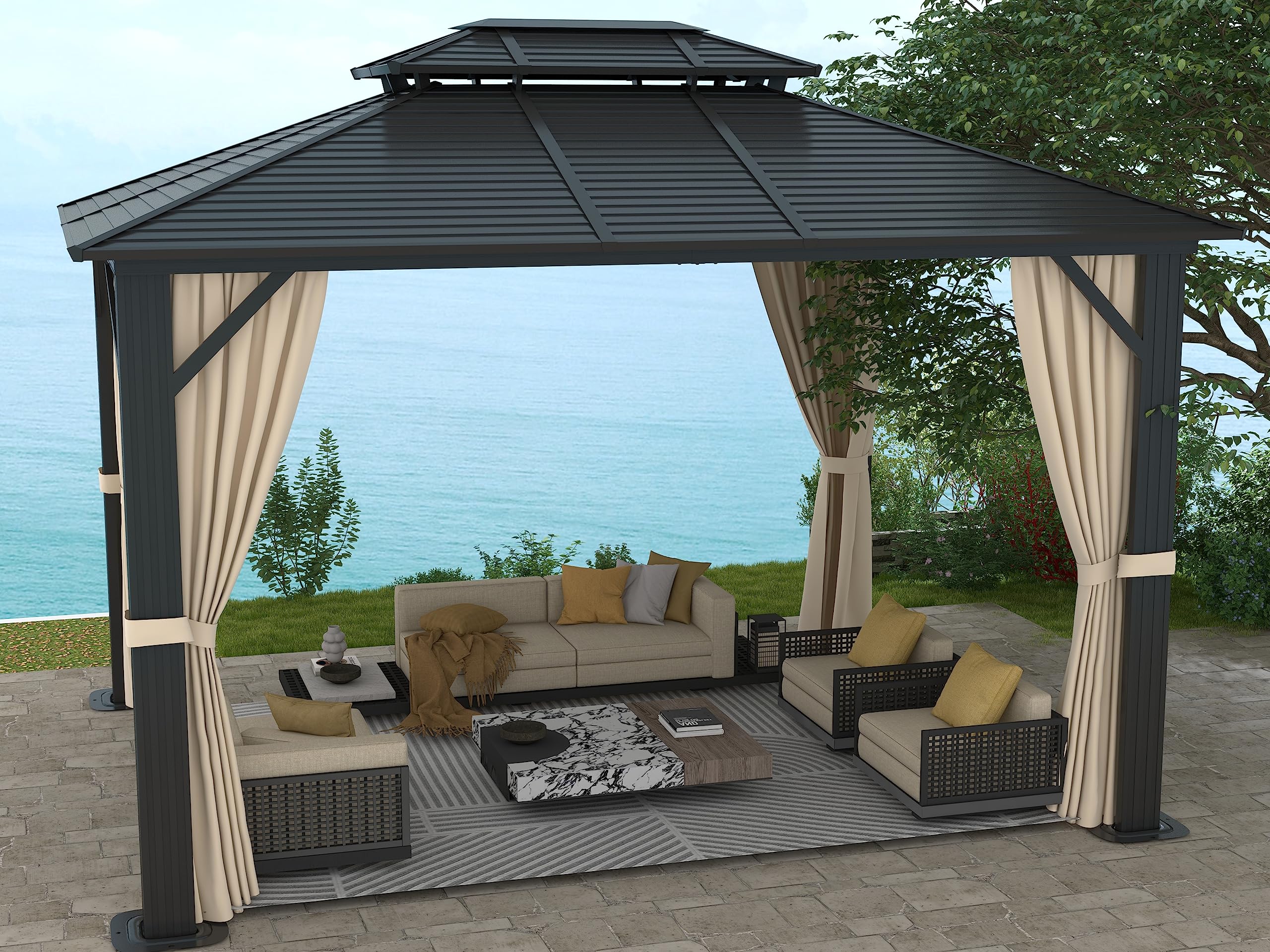 Aoxun 10'x12' Hardtop Gazebo, Outdoor Galvanized Double Roof Gazebo with Aluminum Frame Permanent Pavilion and Curtains & Netting for Backyard, Patio, Deck, Parties (Brown)