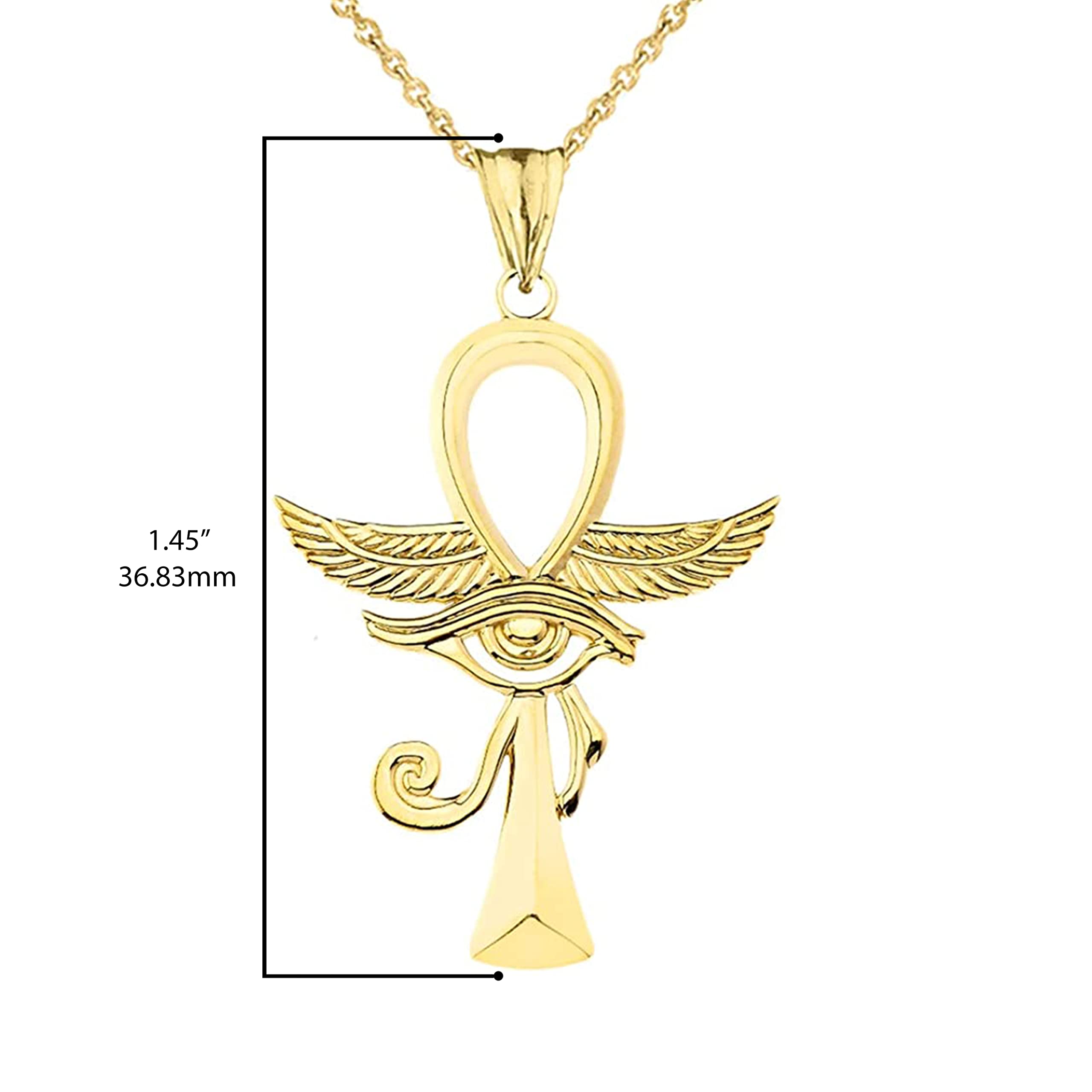 10K Yellow Gold Egyptian Ankh Cross with Eye of Horus Hieroglyphic Key of Life Charm Pendant