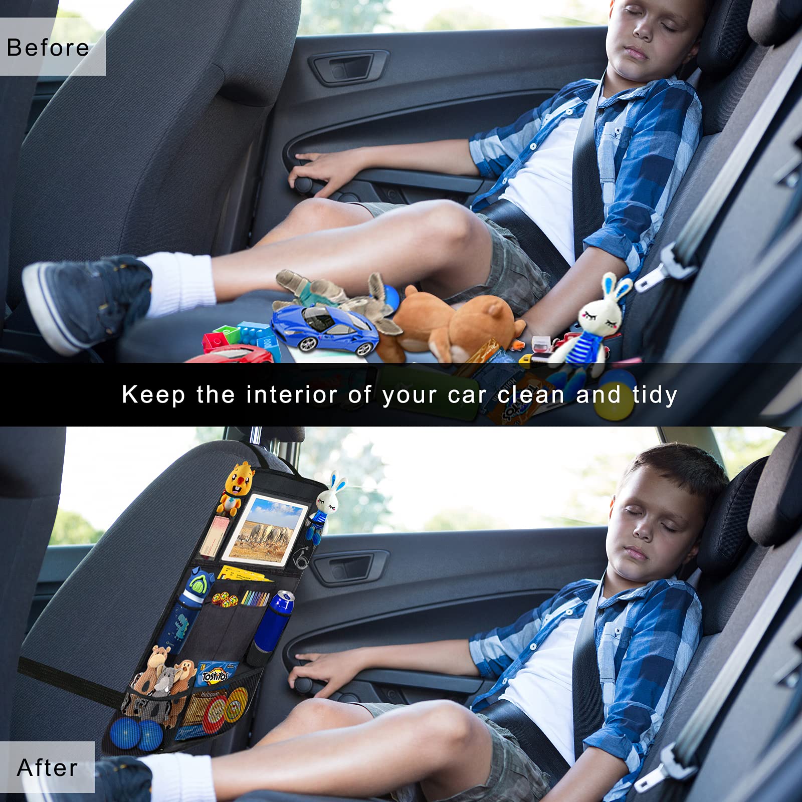 Ecurfu Backseat Car Organizer, Back Seat Protectors Kick Mats, Car Storage Bag with iPad Tablet Holder + 9 Storage Pockets for Kids Toddlers, Travel Accessories (1PC)
