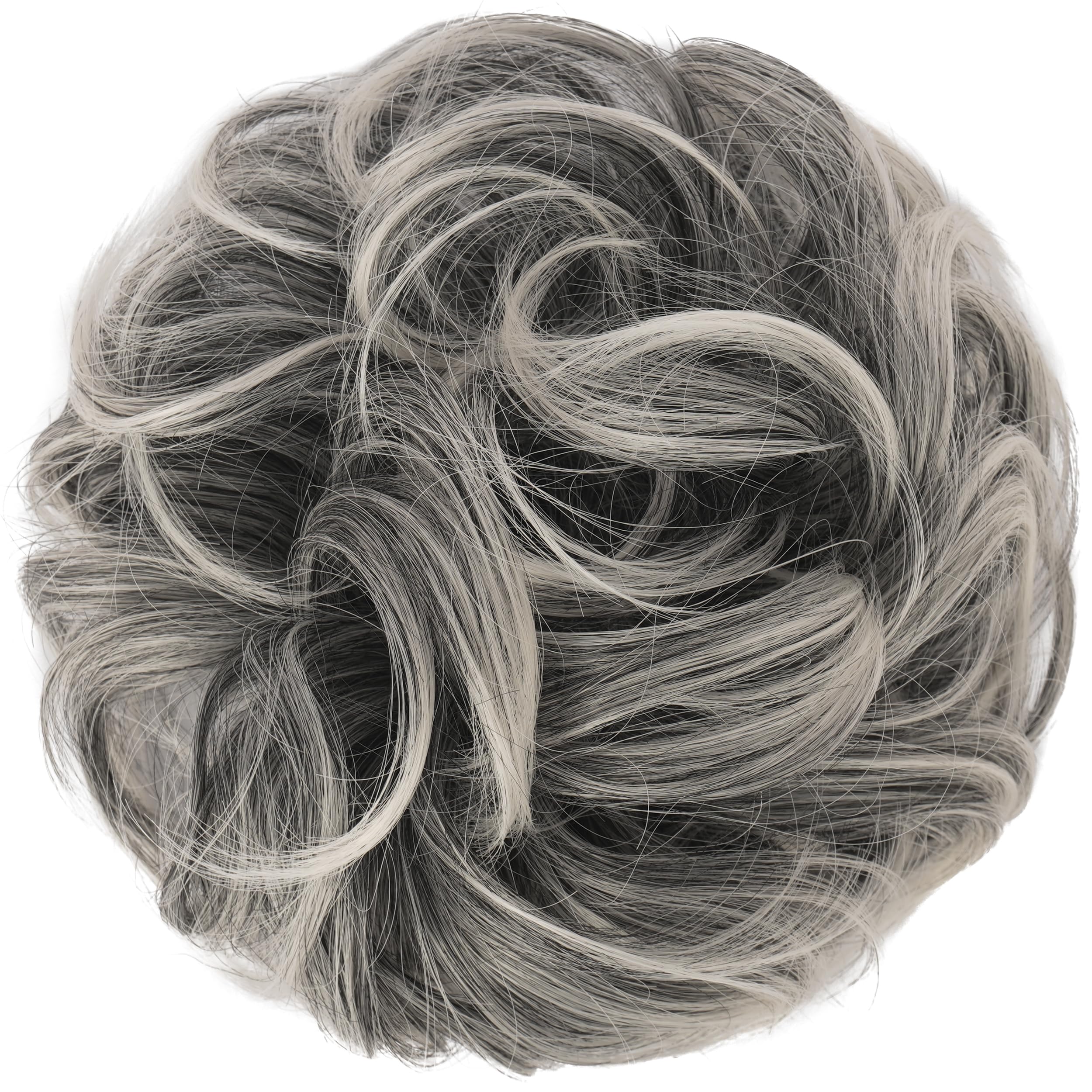 FESHFEN Messy Bun Hair Piece - Large Wavy Curly Elastic Hair Bun Scrunchies Ponytail Extensions Synthetic Chignon Hairpieces for Women, Gray and White Tips 1.94oz