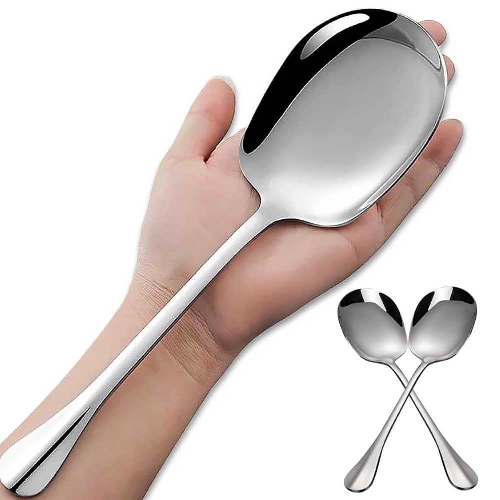2 Pcs Large Stainless Steel Soup Spoons,Silver Square Head Design Serving Spoons Dumplings Ramen Ice Cream Dessert Long Handle Big Soup Spoon For Restaurant Tableware Kitchen Gadgets Cooking Utensils