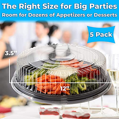 Avant Grub Heavy Duty, Recyclable 12 in. Serving Tray and Lid 5pk. Large, Black Plastic Party Platters with Clear Lids Dishware Plate, Elegant Round Banquet or Catering Trays for Serving