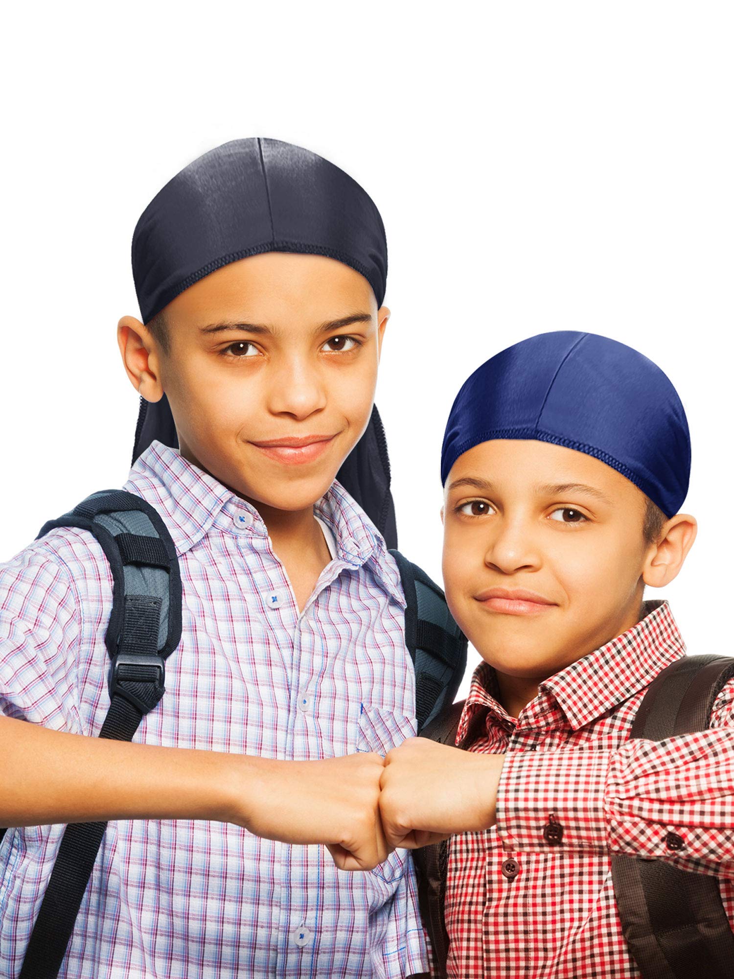 4 Pieces Kids Silky Durag with Wave Caps Set Unisex Baby Durags Long Tail and Wide Strap Headwraps Turban Beanies (Black, Navy Blue)