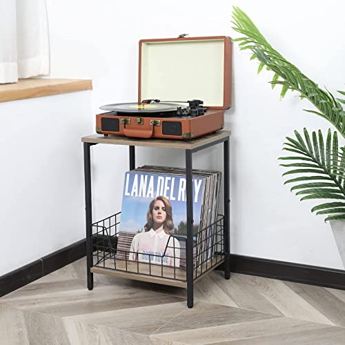 2-Tier Record Player Table, Industrial Retro Side Table Nightstand Small End Table for Living Room Bedroom Kitchen Office Small Spaces, Record Player Stand with Record Album Storage-Rustic Brown