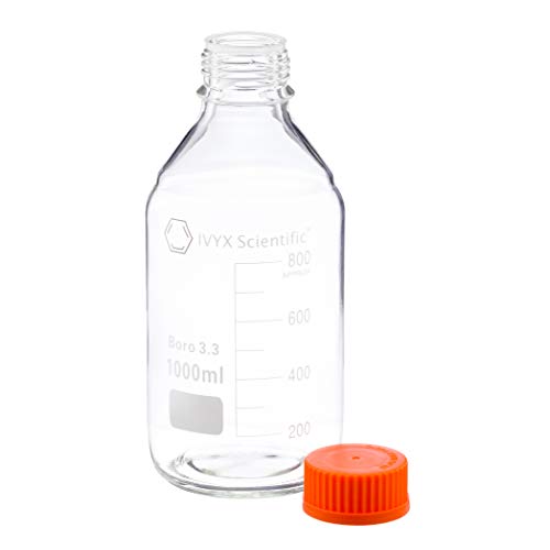 IVYX Scientific Round Media Storage Bottle, Borosilicate Glass, with GL45 Screw Cap - Pack of 2 (1L / 1000 mL)
