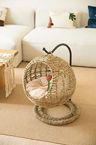 YoSpot Hand Made Wicker Cat Bed Basket Swinging Pet House Nest for Small Dog Cat with Cushion