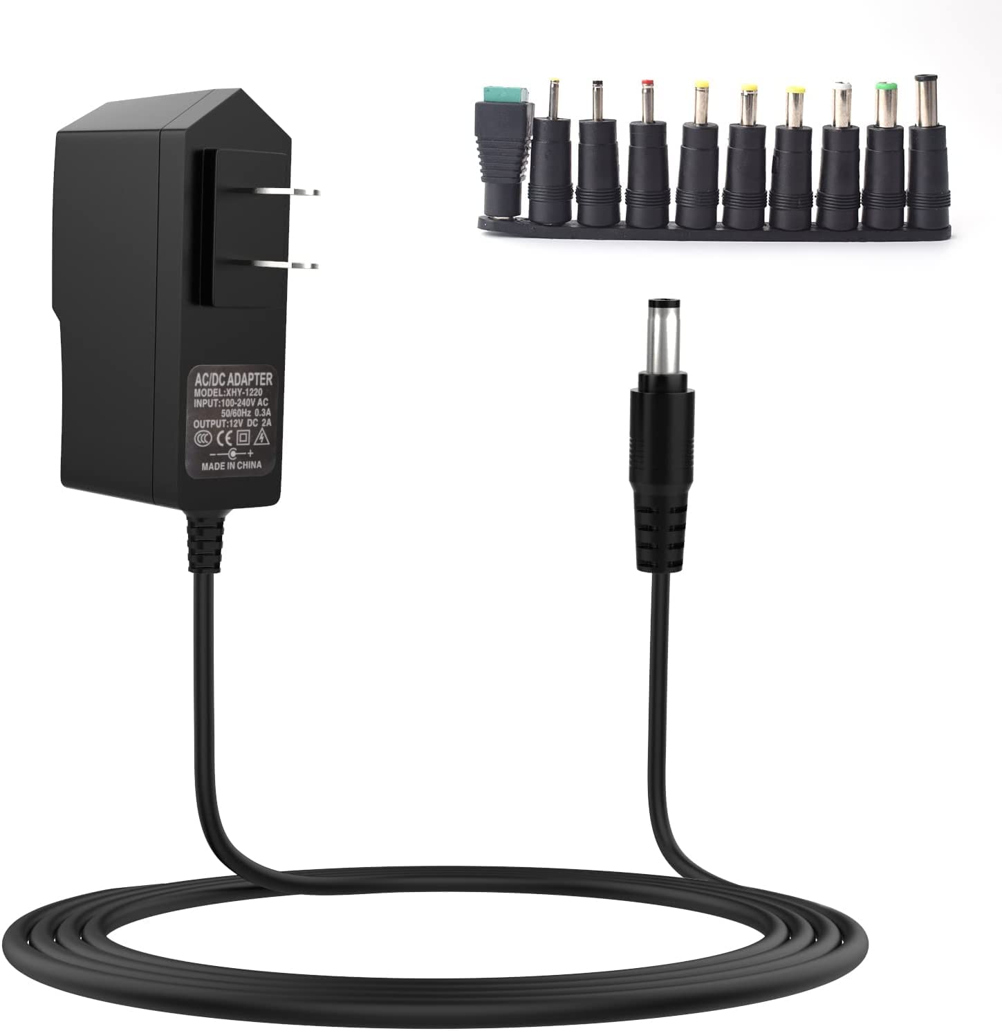 12V 2A AC Adapter Charger Replacement with 10 Tips, Regulated 12 Volts 2000mA Power Supply Cord for LED Strip Light, CCTV Camera, BT Speaker, GPS, Webcam, Router, DC12V Transformer (9.85ft)