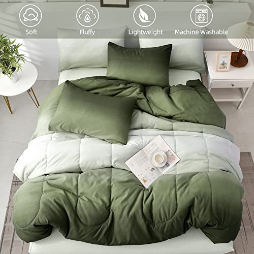 7 Pieces Gradient Olive Green Comforter Set Queen - Lightweight Green Bed in a Bag Queen Size Set, All Season Down Alternative Complete Bedding Set with Flat/Fitted Sheet, Pillowcases and Pillow Shams