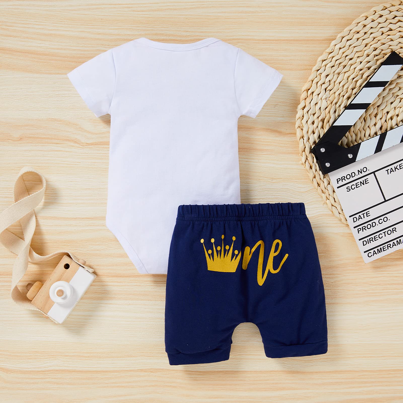 Viworld Baby Boy 1st Crown Birthday Shorts Set Infant Boy Gentleman Bow Tie Romper + One Shorts Cake Smash Outfits