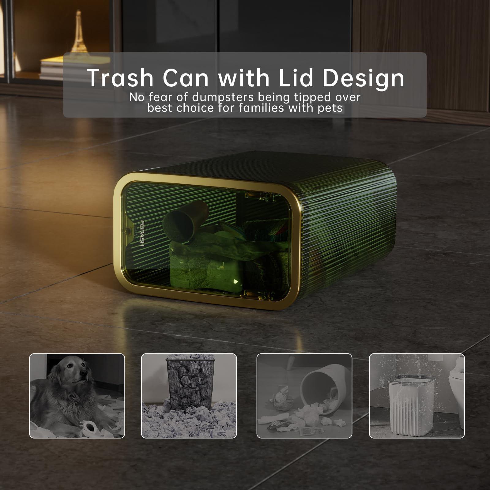 2 Pack Bathroom Trash Can with Lid, 2.6 Gallon Small Garbage Can with Pop-Up Lid Stylish Clear Waste Basket, Plastic Slim Trash Bin Dog Proof, Green Bedroom Trash Can, Small Bathroom Trash Can