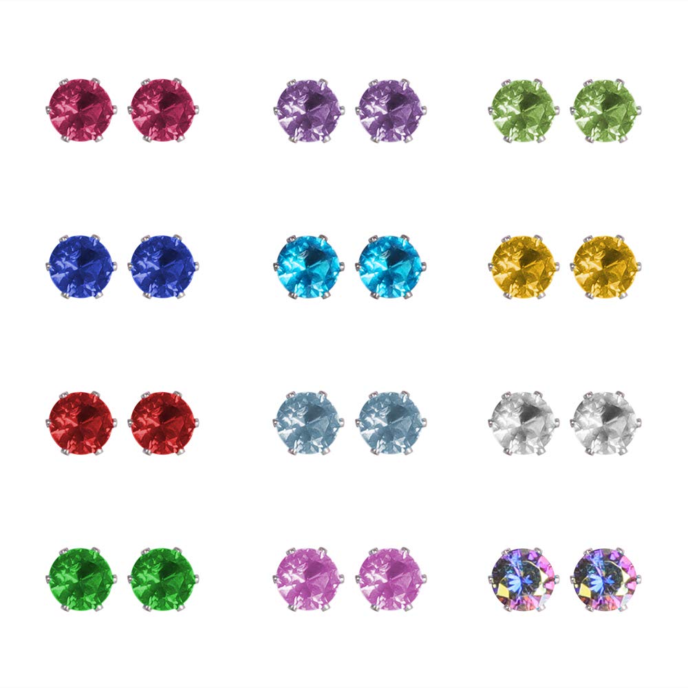 12 Pairs Stainless Steel CZ Stud Earrings for Women, Brilliant Cut Round Cubic Zirconia Stud Earrings, Birthstone Stud Earrings Set 3mm
