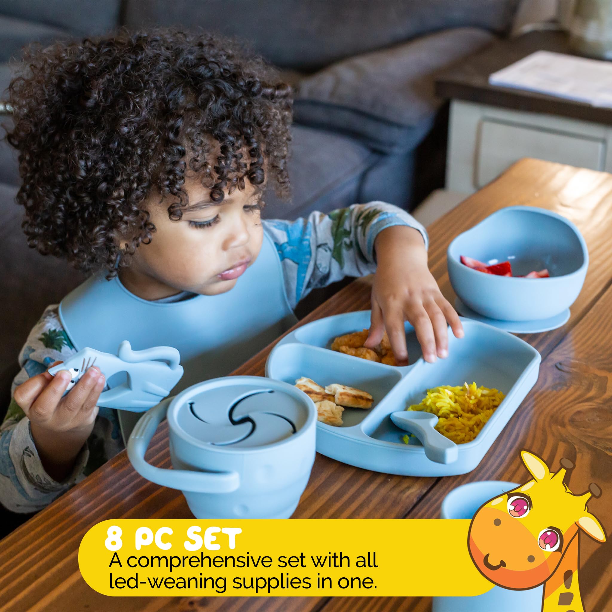 Muqee Peeko Carolina Blue Silicone Baby and Toddler Self-Eating Food Plates Set with Utensils (8 Piece Set)