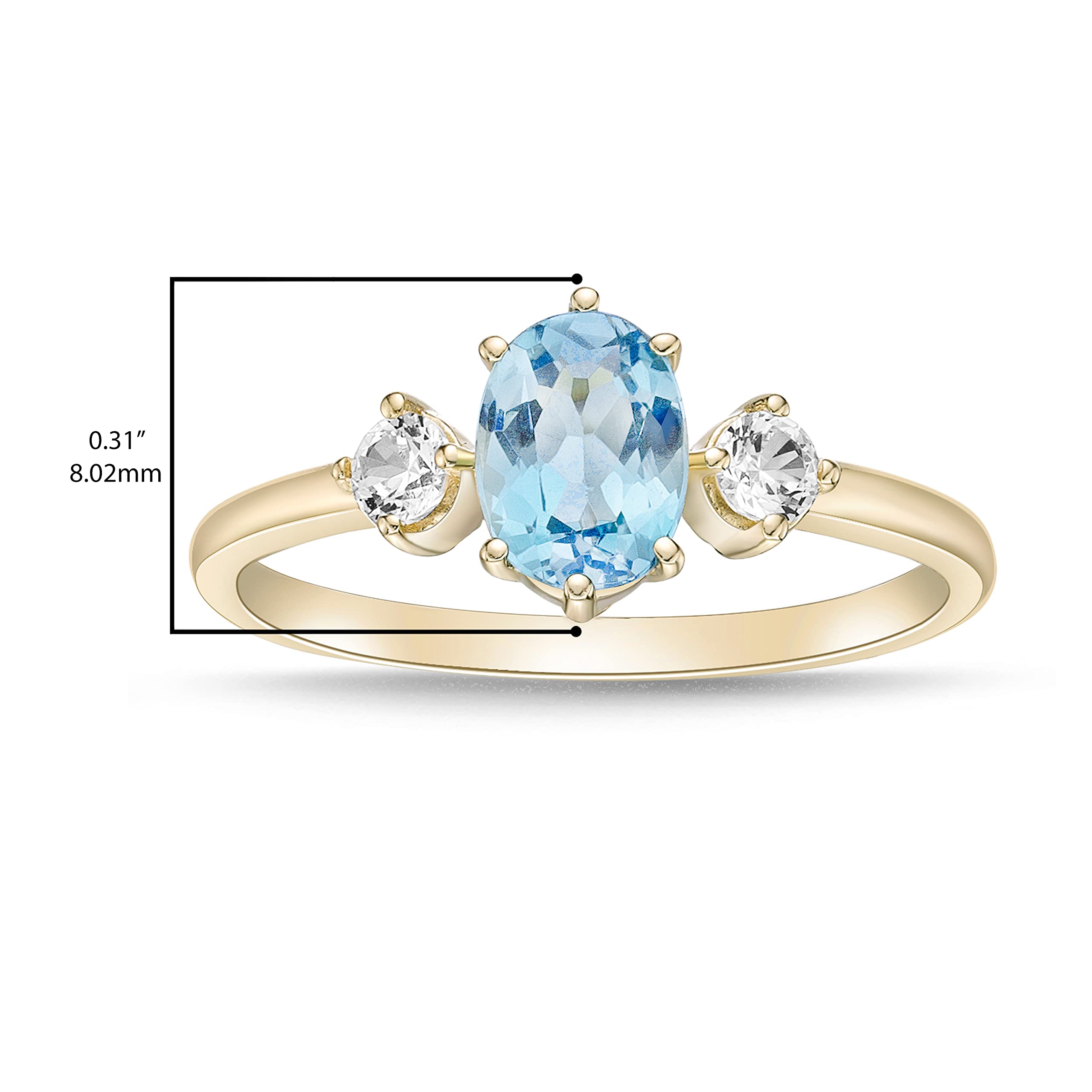 14K Yellow Gold Plated .925 Sterling Silver Oval Cut Created Aquamarine & Created White Sapphire Three Stone Ring - March Birthstone - Size 7