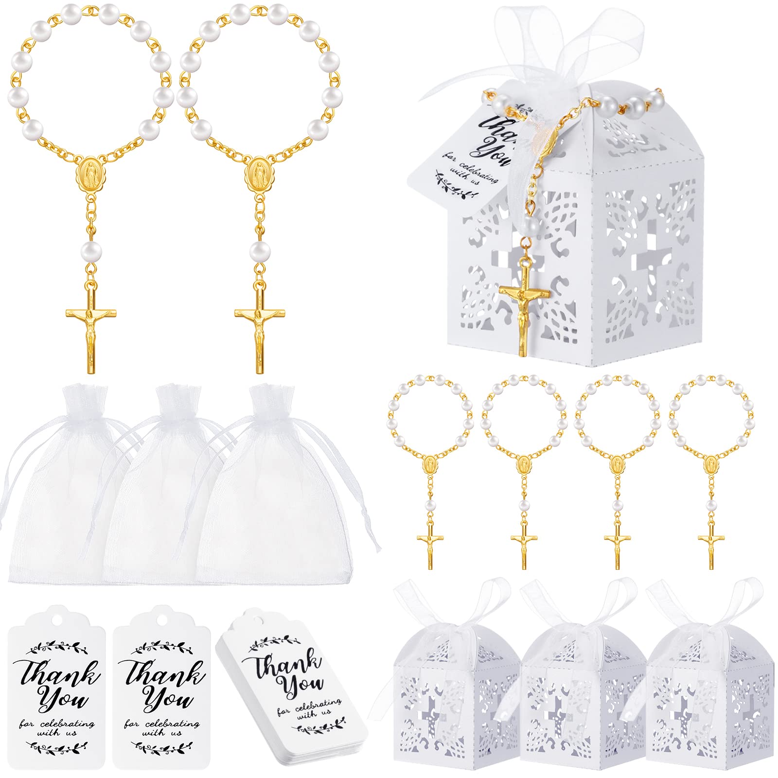 100 Pieces Rosaries Baptism Sets Including 25 Pcs Mini Rosary 25 Pcs Cross Favor Boxes 25 Pcs Organza Gift Bags and 25 Pcs Thank You Kraft Tags Guest Return Gifts for Baptism Wedding Decor(Gold)