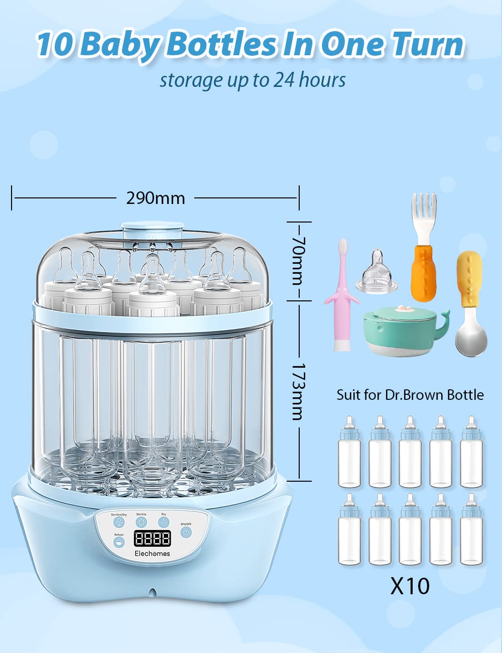 Baby Bottle Warmer and Dryer, Elechomes Electric Steam Warmer, Up to 10 Bottles, Super Large Capacity 600W Fast Bottle Warmer with LED Display, Auto Shut Off, BPA-Free