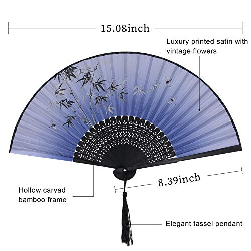 BABEYOND 4pcs Chinese Style Bamboo Folding Hand Fan Vintage Handheld Silk Folding Fan with Different Patterns Fringe Folding Fan for Wedding Dancing Party
