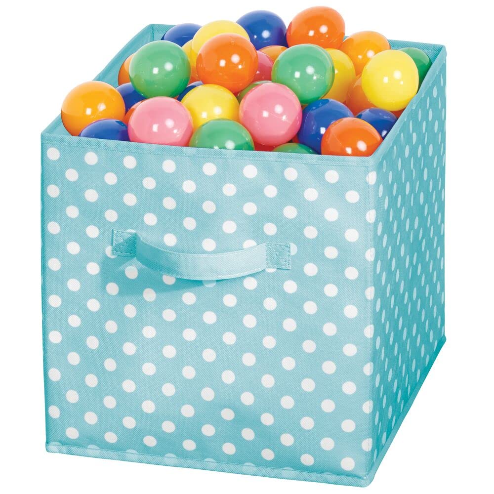 mDesign Soft Fabric Closet Storage Organizer Cube Bin Box, Handle - Storage for Baby Child/Kids Room, Nursery, Toy Room, Furniture Units, Shelf, 4 Pack - Turquoise/White Polka Dots