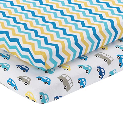 2 Pack n Play Mattress Sheets β 100% Jersey Knit Cotton Soft Portable Crib Mattress Sheets for Boys with Blue, Gray, Yellow Cars and Chevron Design; 2 Pc Playpen Mattress or Mini Crib Sheet Fitted Set