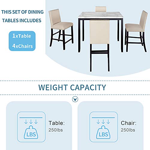 Merax 5-Piece Dining Table Set Wooden Dining Set with Faux MarbleTable and 4 Upholstered Chairs, Counter Height Furniture Dinette Set for Home Kitchen