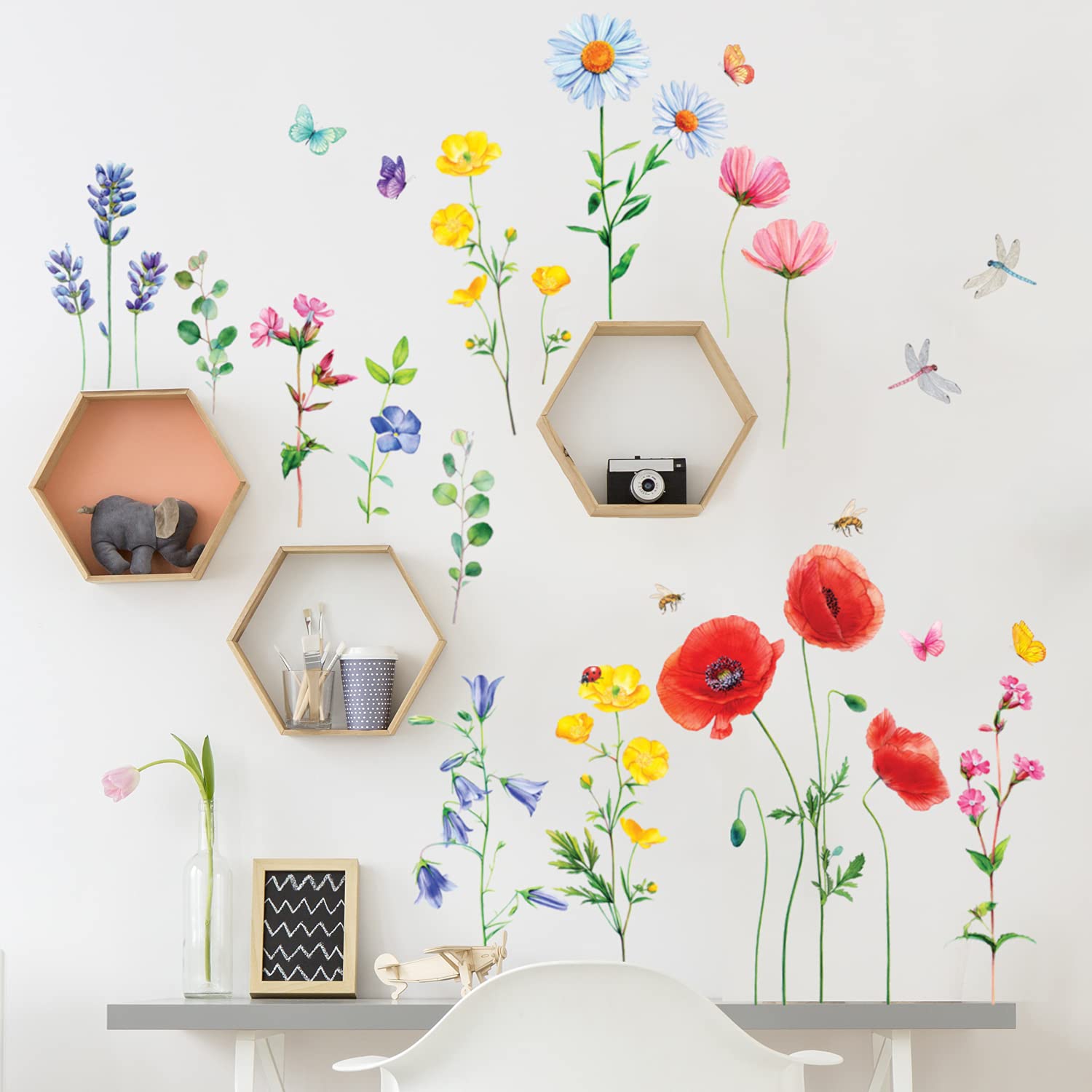 DECOWALL SG-2103 Wild Flower Wall Stickers Floral Plant Butterfly Decals Removable for Nursery Bedroom Living Room Art Home Decor murals Decoration