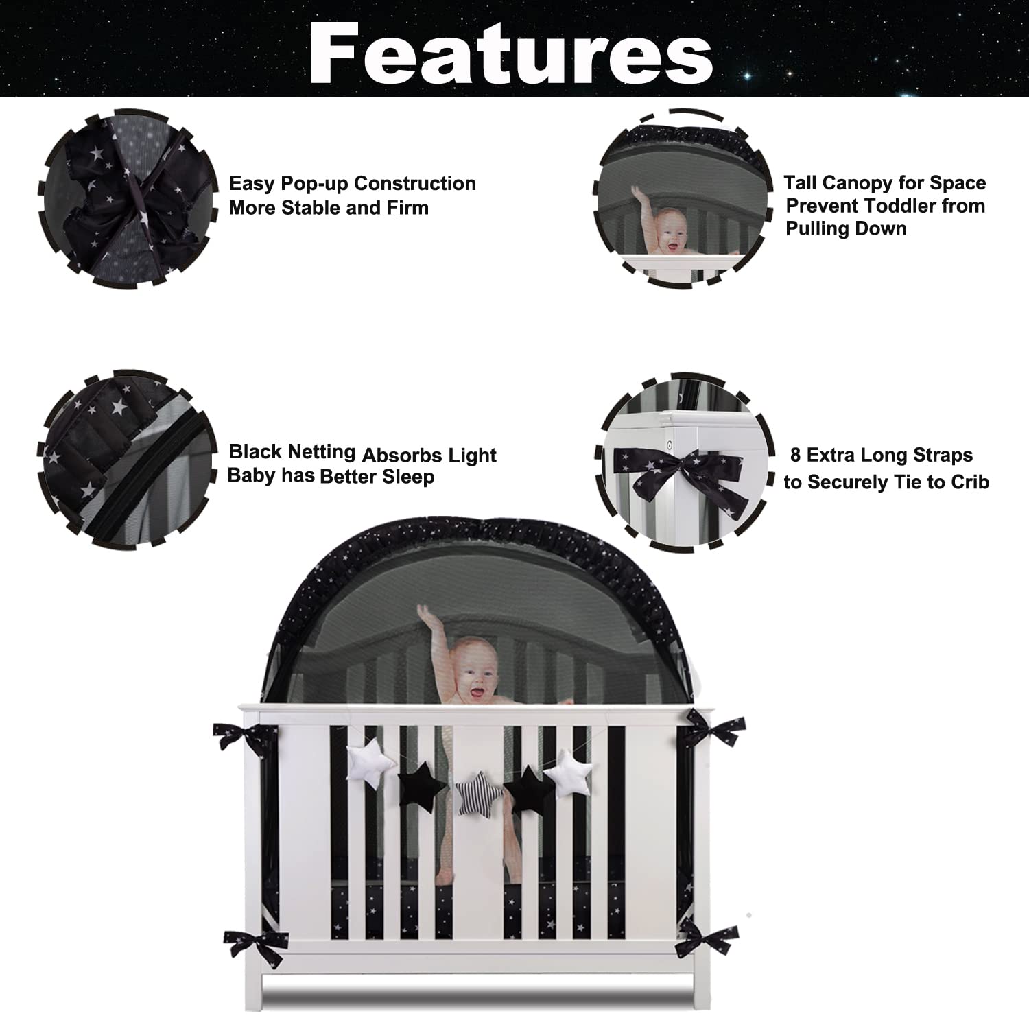 JOINSI Safety Crib Tents to Keep Toddler in, Pop Up Baby Mosquito Net Cover Bed Canopy for Infant - Black