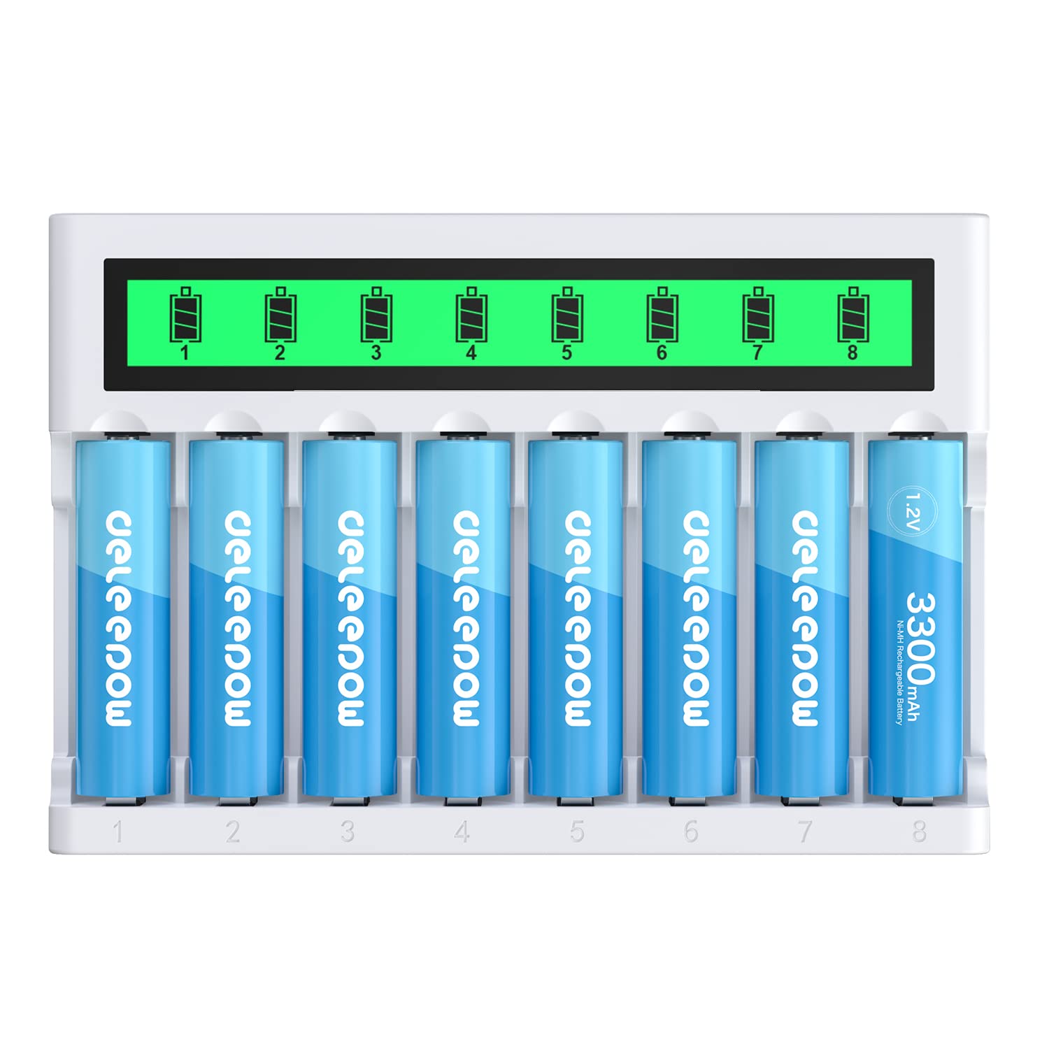 Deleepow Rechargeable AA Batteries 3300mAh AA Nimh Rechargeable Batteries 1200 Cycles 1.2V 8-Pack with USB-C and Micro USB 2 Charge Port LCD Charger