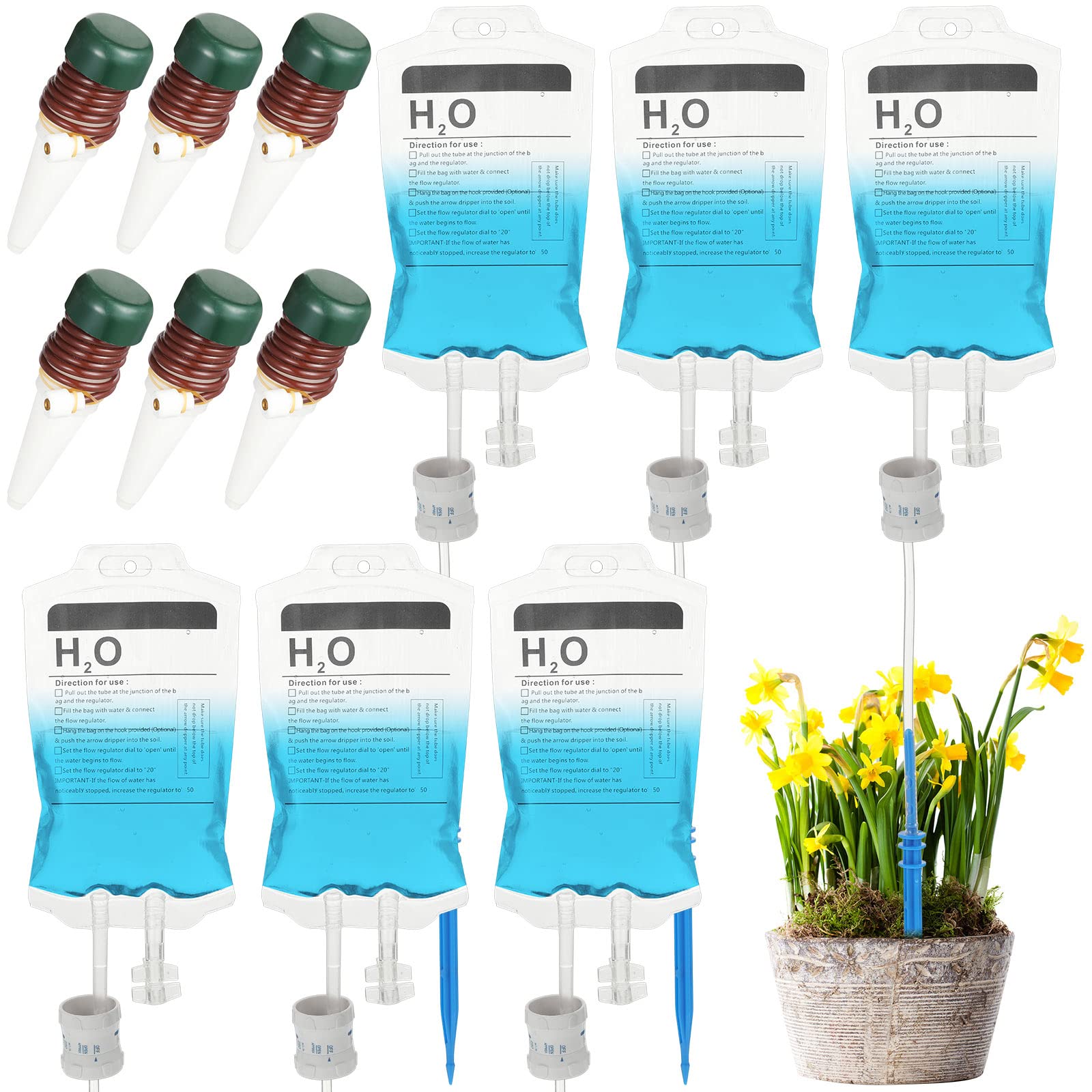 12 Pcs Automatic Plant Waterer, Include 6 Plant Drip Irrigation Bag 350 ml and 6 Plant Watering Stakes, Automatic Device with Adjustable Valve Switch for Indoor Outdoor Home Vacation Use Gardening Kit