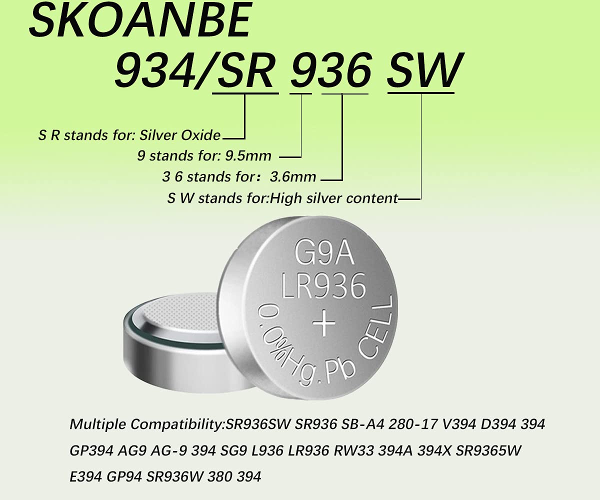 SKOANBE SR936SW 394 AG9 1.5V Button Coin Cell Watch Battery (10-Pack)