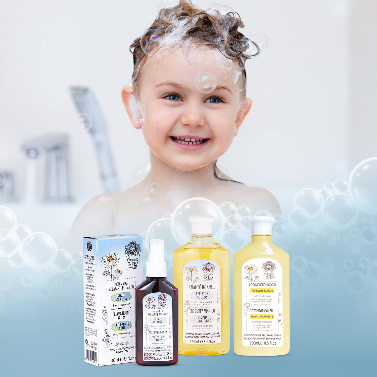 Camomila Intea Kids 3-In-1 Hair Lightener Kit - Blonder Lightening Set with Chamomile Extract - Lotion, Shampoo and Conditioner