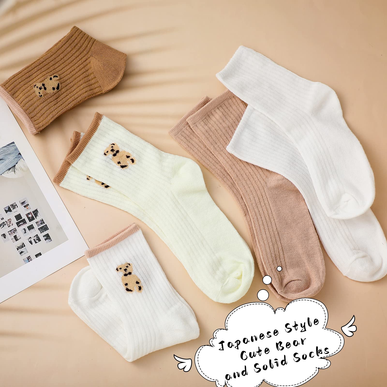 12 Pair Crew Socks for Women Girl Comfortable Casual Soft Cotton Socks Solid Color Bear Cute Socks Stretch Long Above Ankle Women's Calf Socks