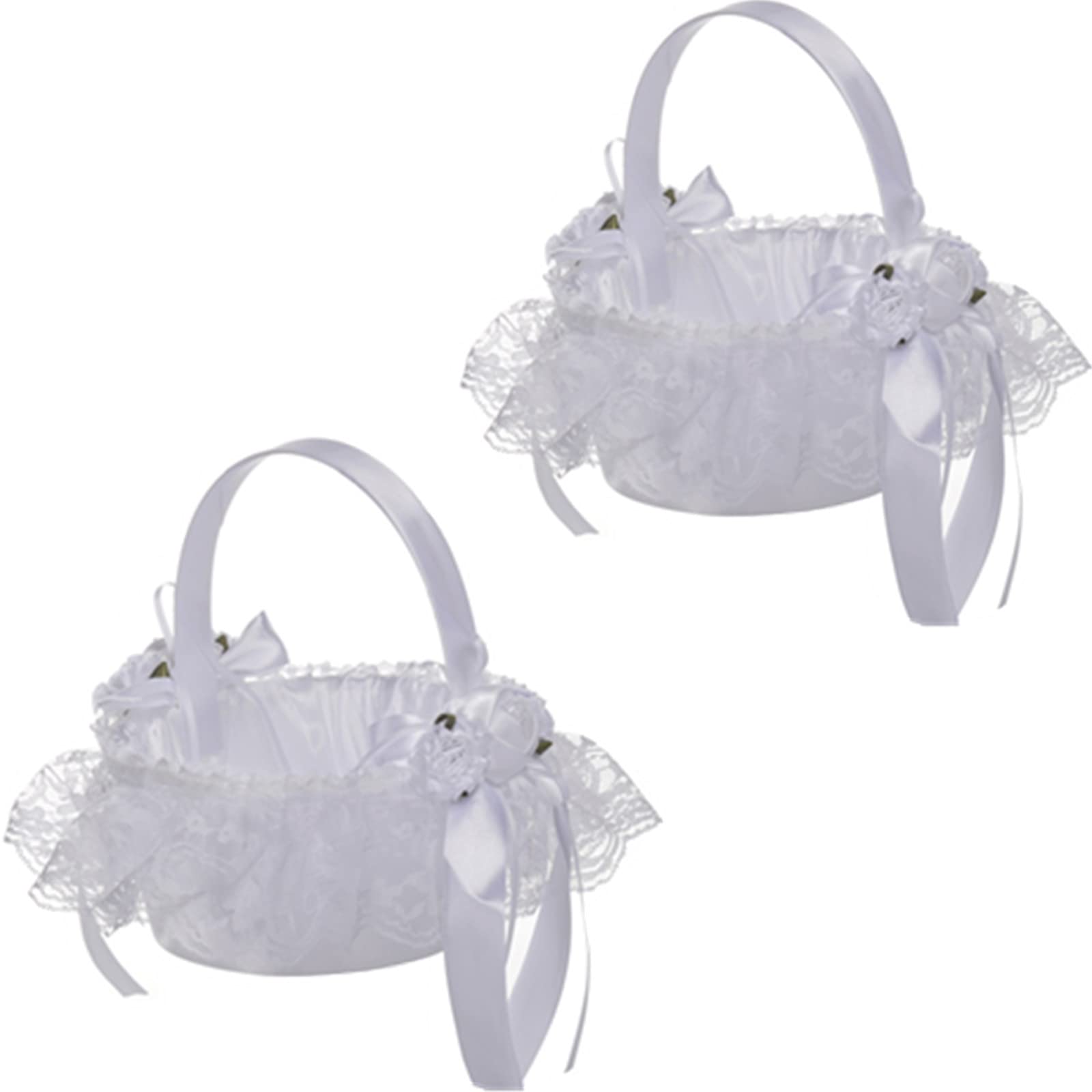 2 PCS Wedding Flower Baskets for Girls,Creative Hand-held Lace Romantic White Flower Baskets for for Flower Bride/Kids Hand Held Wedding Ceremony Party Accessories