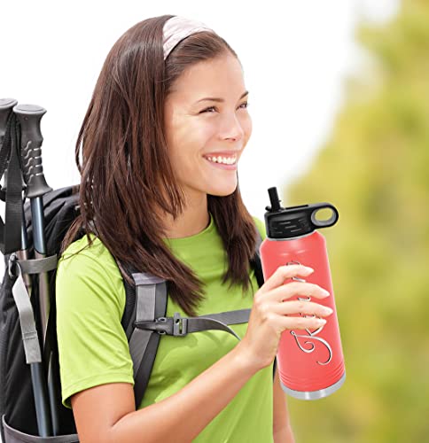 Polar Camel Personalized Water Bottles 32oz with Flip-Top Lid and Straw, Customized Vacuum Insulated Flask, Stainless Steel Sports Double Wall Thermos, Your Logo Name and Text Engraved in USA(Coral)