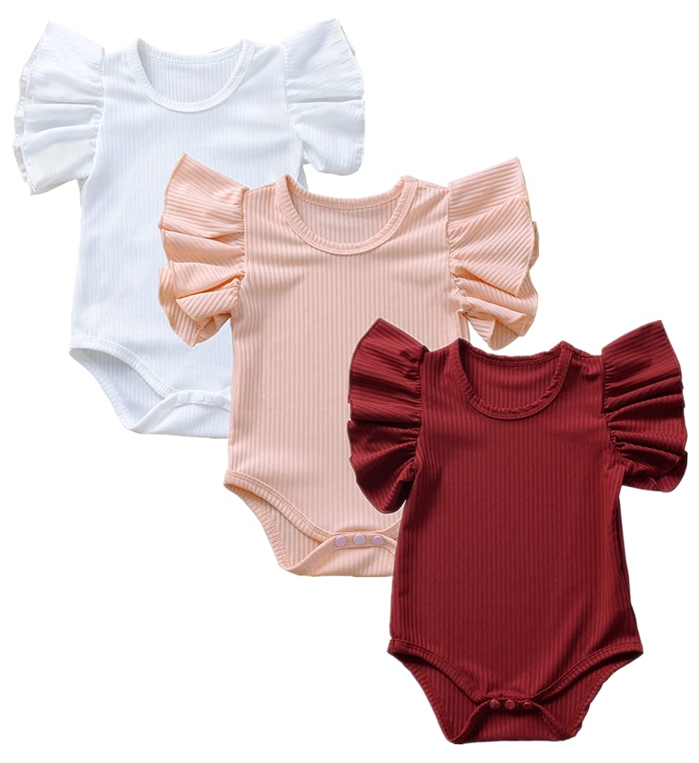 Baby Girls' Short-Sleeve Bodysuit Funny Ruffles Flower Jumpsuit Outfit for Infant Toddlers (White/Wine Red/Pink, 0-6 Months)
