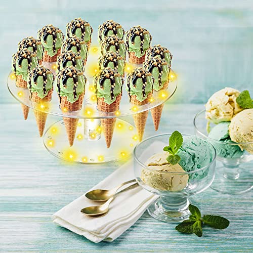 2 Pack LED Ice Cream Cone Holder with Lights 16 Holes Acrylic Ice Cream Cone Display Stand Waffle Cupcake Sugar Cone Cotton Candy Cones Display Rack for Birthday Weddings Parties Anniversaries