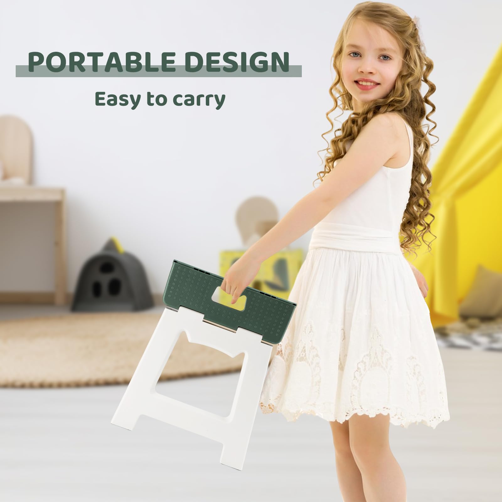 13" Folding Step Stool for Adults and Kids, Folding Stools with Portable Handle - Holds Up to 300 lbs - Plastic Foldable Step Stool for Home Office Bathroom Outdoor (Green)
